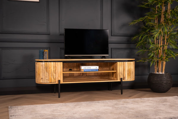 Reno Flute Art Deco Design Solid Mango Wood TV unit with 2 Doors and B ...