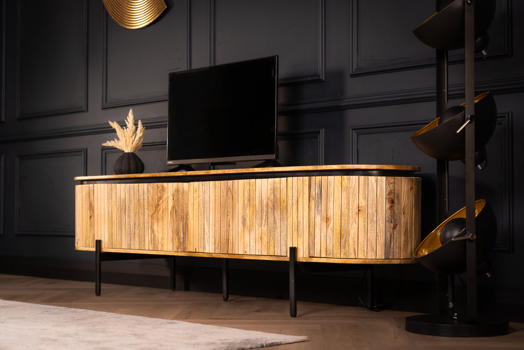 Solid Mango Wood TV Unit Natural Brown with Fluted Front 200 cm – Reno ...