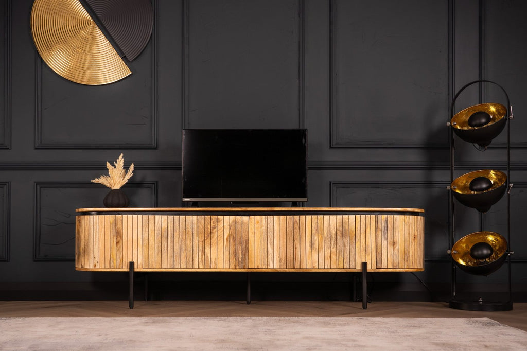 Solid Mango Wood TV Unit Natural Brown with Fluted Front 200 cm – Reno ...