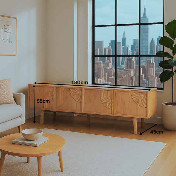 Manhattan Solid Acacia Wood TV Unit with Carved Circular Grooves in Na ...
